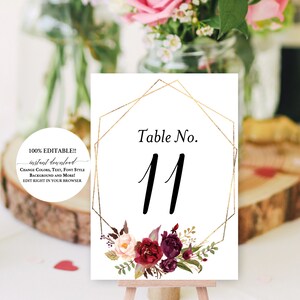 Fall Table Numbers Wedding Instant Download Template, Marsala Wedding ...