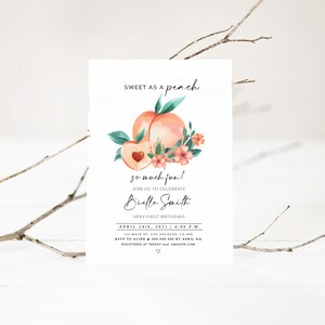 Editable Peach Birthday Invitation, Sweet as a Peach, Peach 1st ...