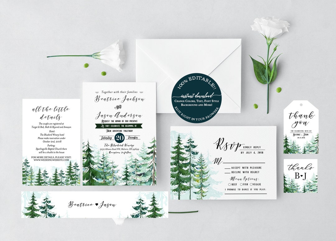 Forest Wedding Invitation, Winter Wedding Invitation, Pine Forest ...
