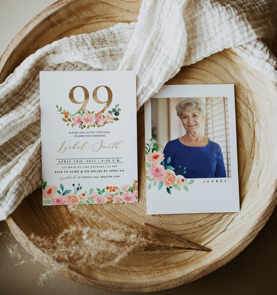 99th Birthday Invitation Elegant 99th Birthday Invite Floral - Etsy