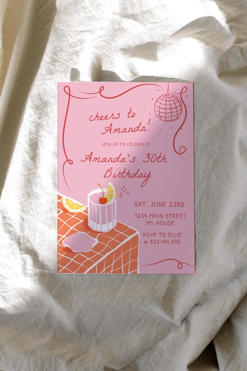 Editable Birthday Party Invitation, Hand Drawn Scribble Cocktail ...