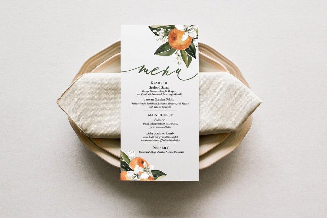 MAEVE | Orange Wedding Menu Template, Watercolor Orange Blossom Menu ...
