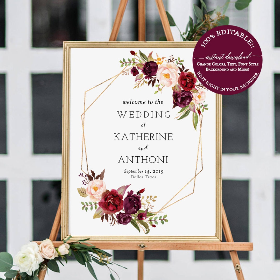 Fall Wedding Signs Template 100% Editable, Marsala Burgundy Wedding ...