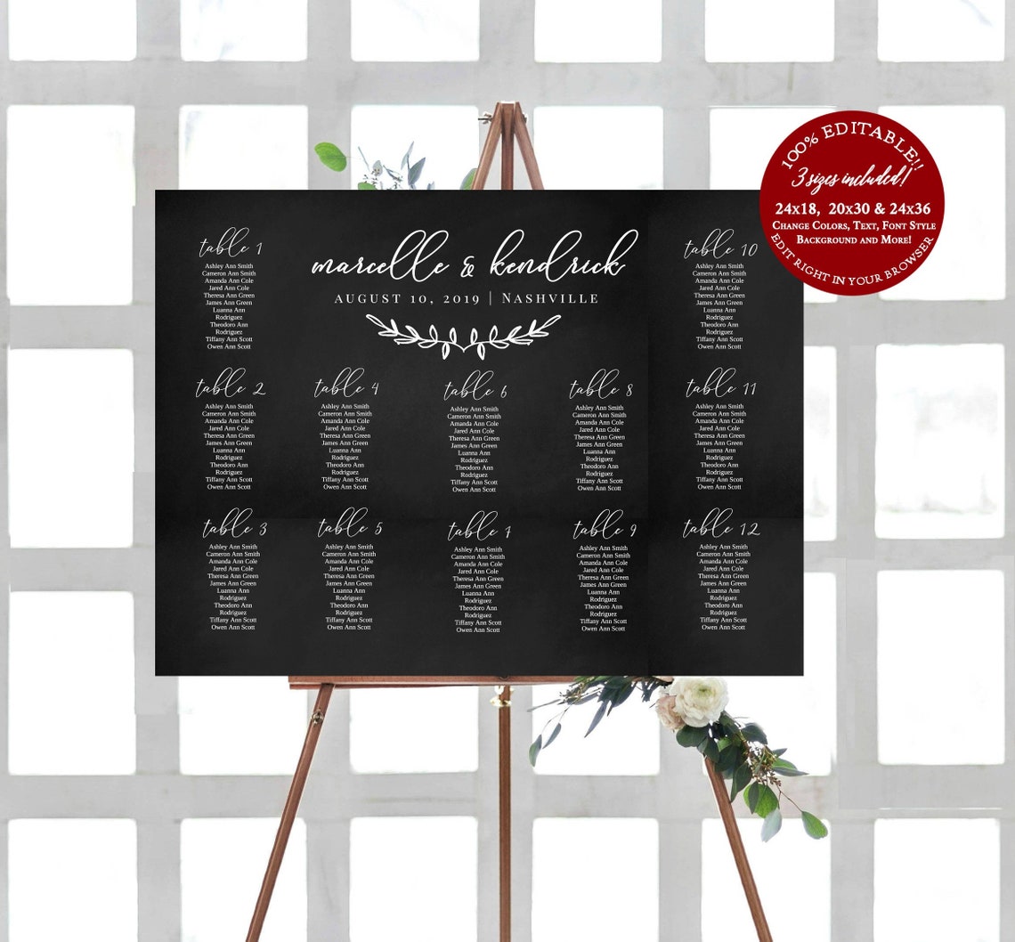 Black Seating Chart Template Wedding Seating Chart Template | Etsy