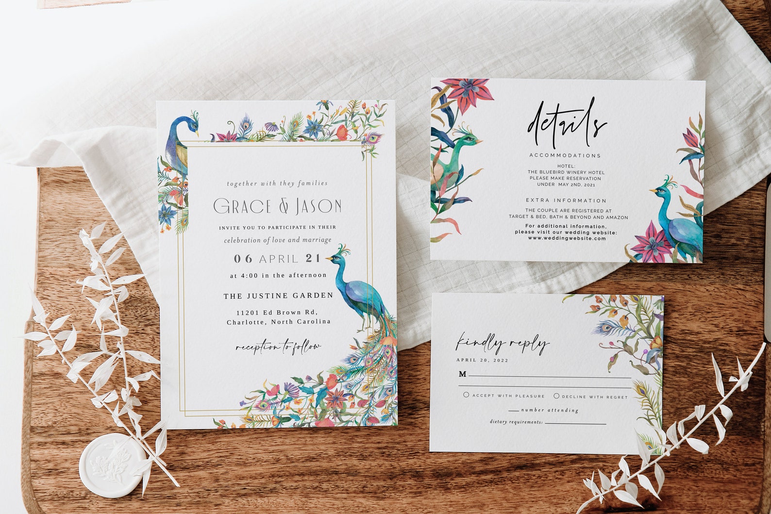 Julio Bohemian Wedding Invitation Template Peacock Wedding | Etsy