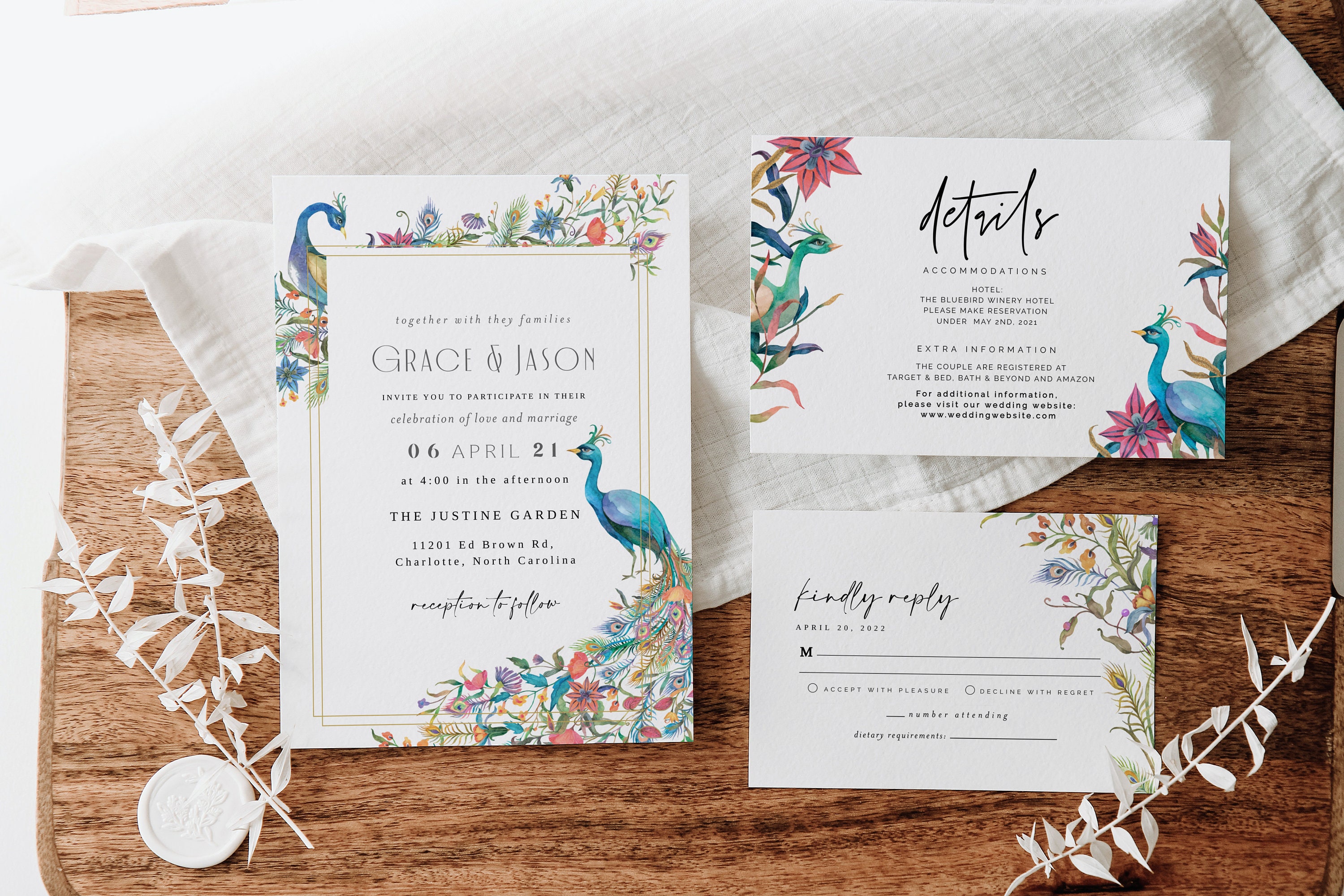 Julio Bohemian Wedding Invitation Template Peacock Wedding - Etsy