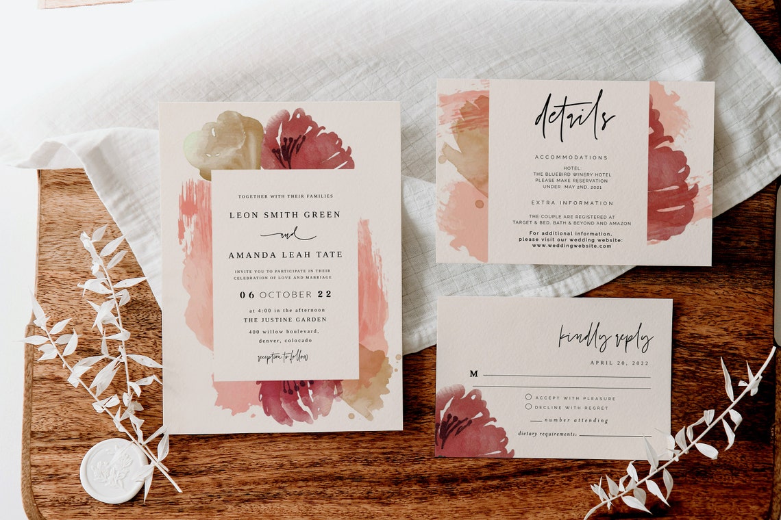 Watercolor Fall Wedding Invitation Template Autumn Wedding - Etsy