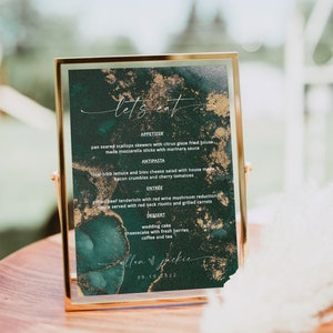 Emerald Watercolor Menu Template, Printable Hunter Green & Gold Wedding ...