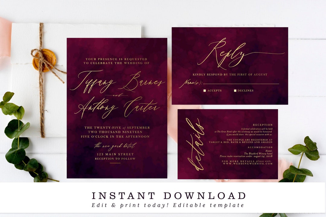 Burgundy Wedding Invitation Editable Template, Printable Wedding ...