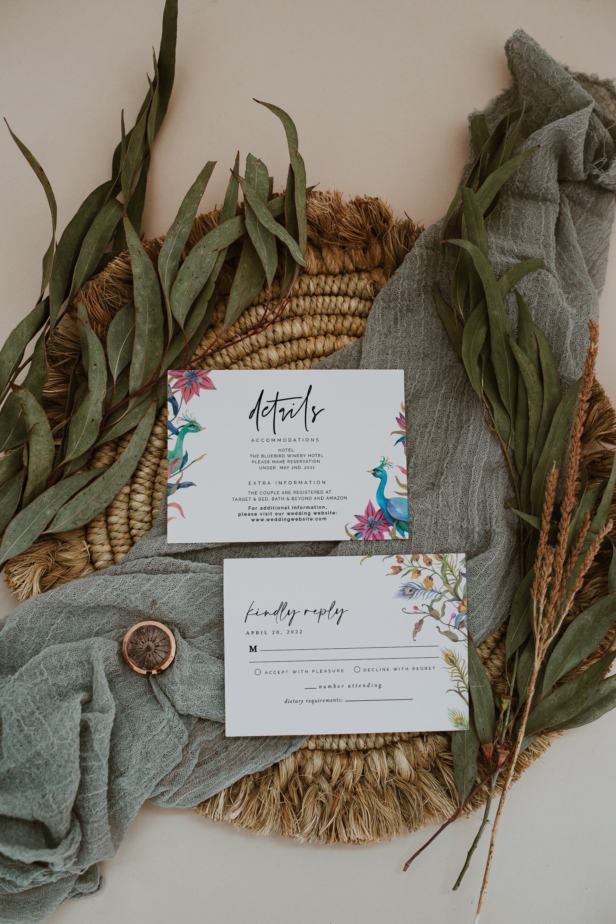 Julio | Bohemian Wedding Invitation Template, Peacock Wedding ...