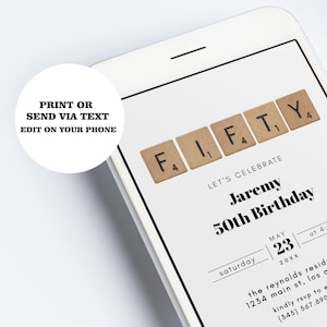 50th Birthday Invitation Template, Fifty Birthday Evite Text, Modern ...