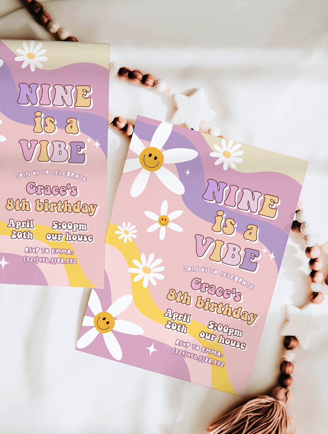 Editable Nine is A Vibe Groovy Birthday Party Invitation Peace Love ...