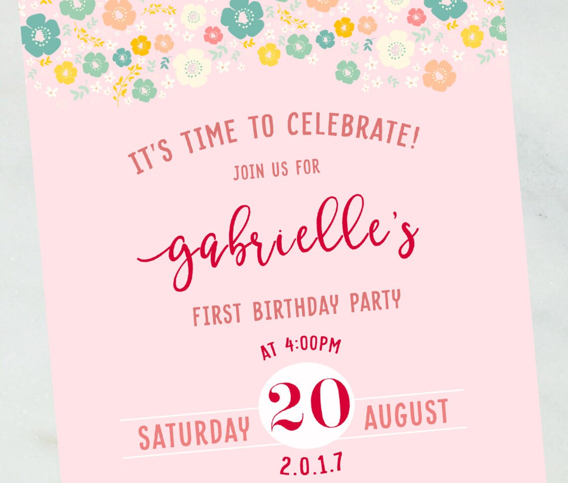 One 1st Birthday Invitation Printable. Floral 1st Birthday | Etsy