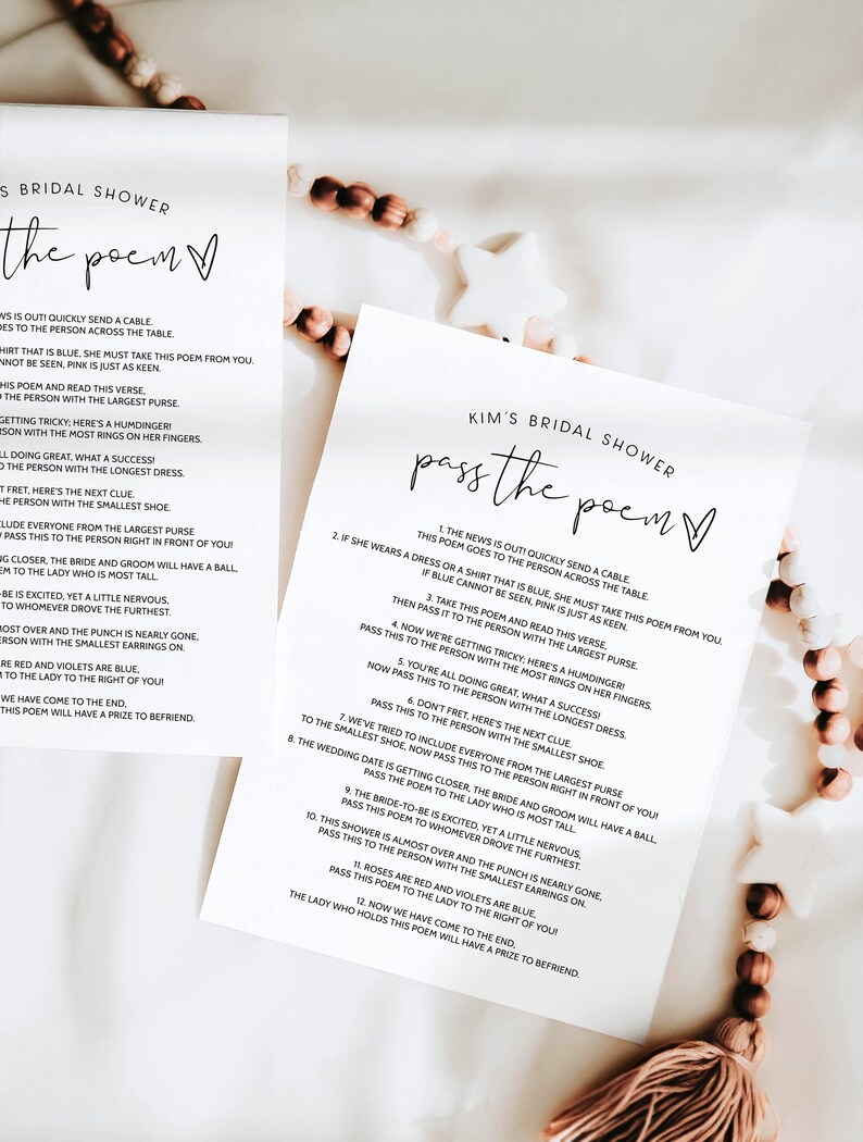 Pass the Poem Game, Modern Bridal Shower Games, Fun Ice Breaker Game ...