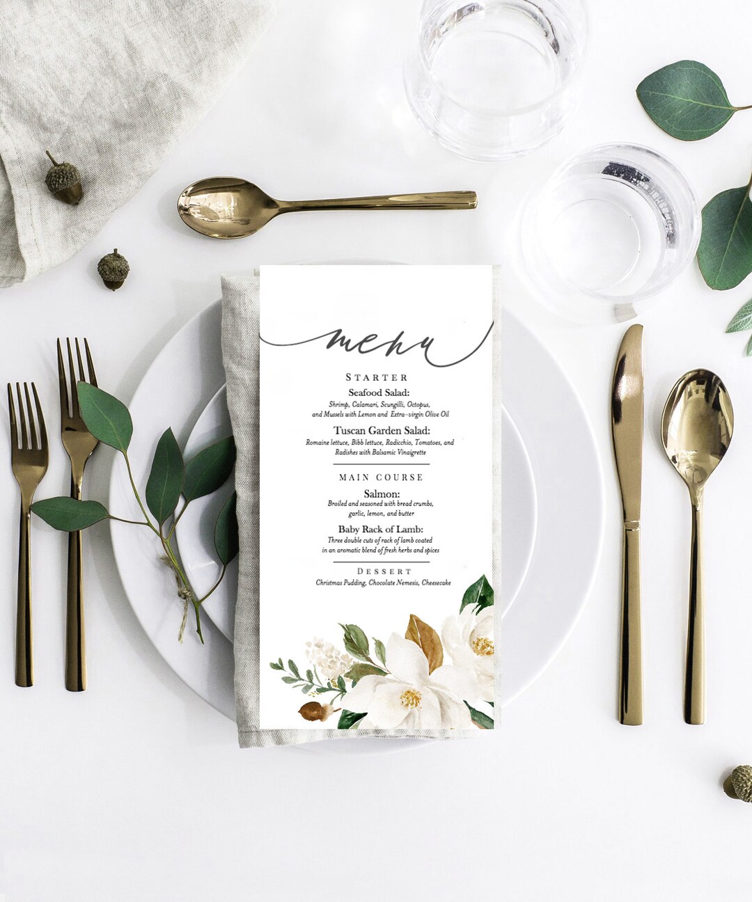 Magnolia Menu Card Template, Rustic Dinner Menu, Wedding Menu Card ...