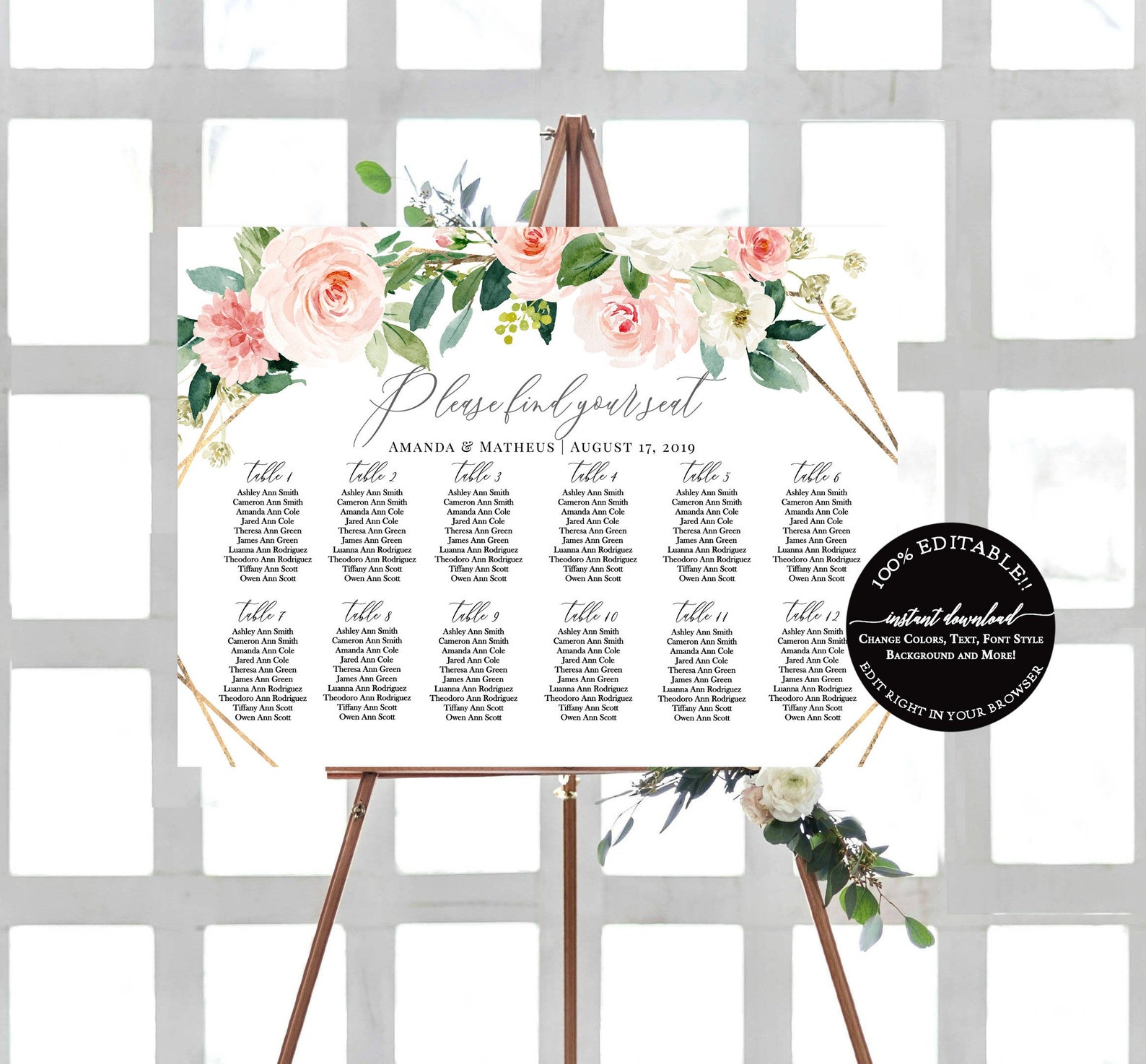 Floral Seating Chart Template Wedding Seating Plan Template | Etsy