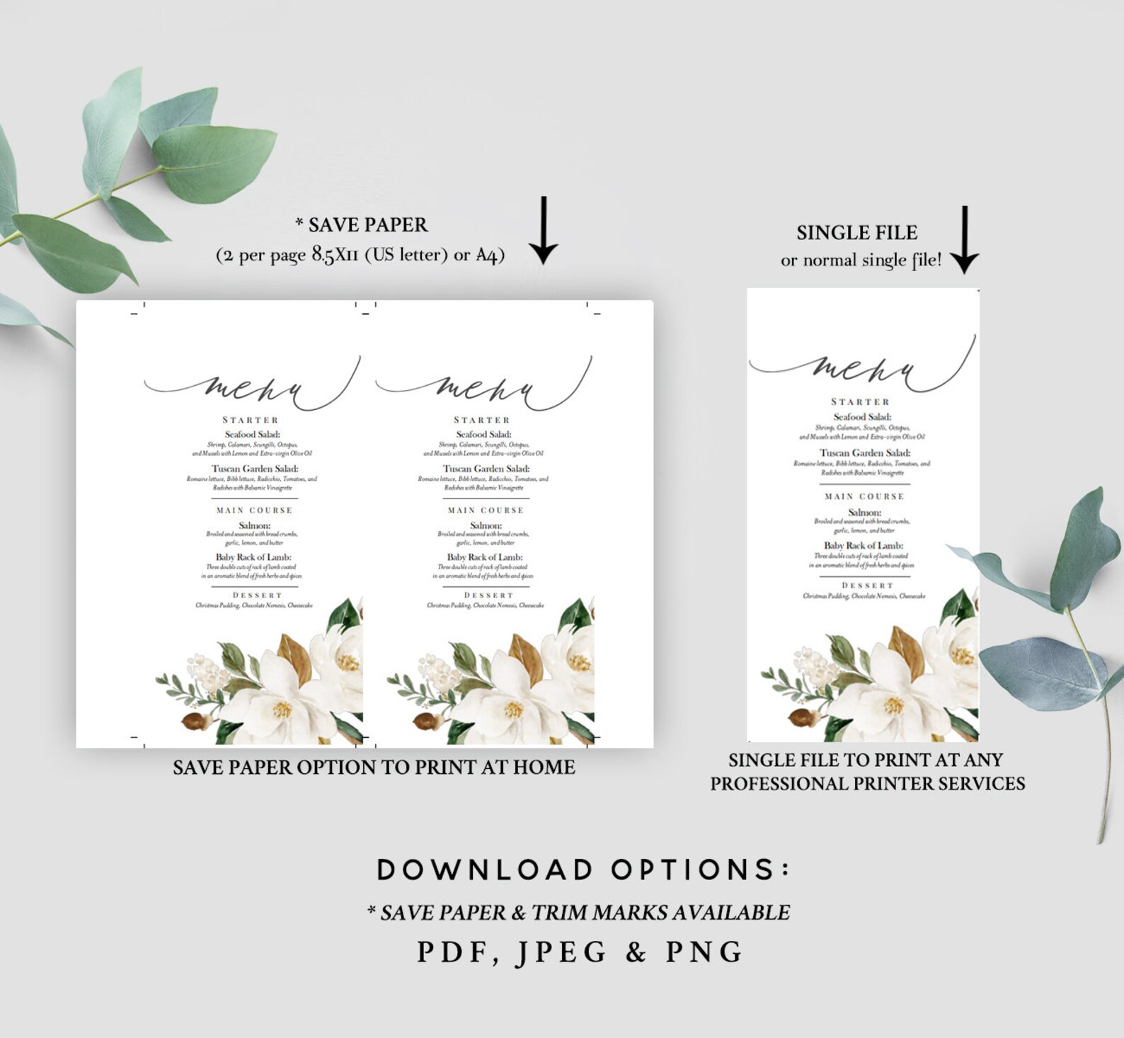 Magnolia Menu Card Template Rustic Dinner Menu Wedding Menu | Etsy