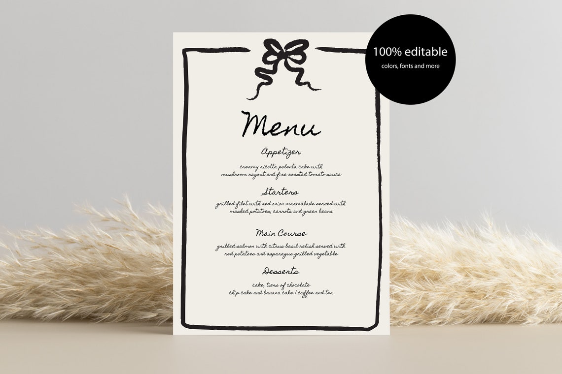 Hand Drawn Menu Template, Bow Dinner Menu, Ribbon Dinner Menu ...