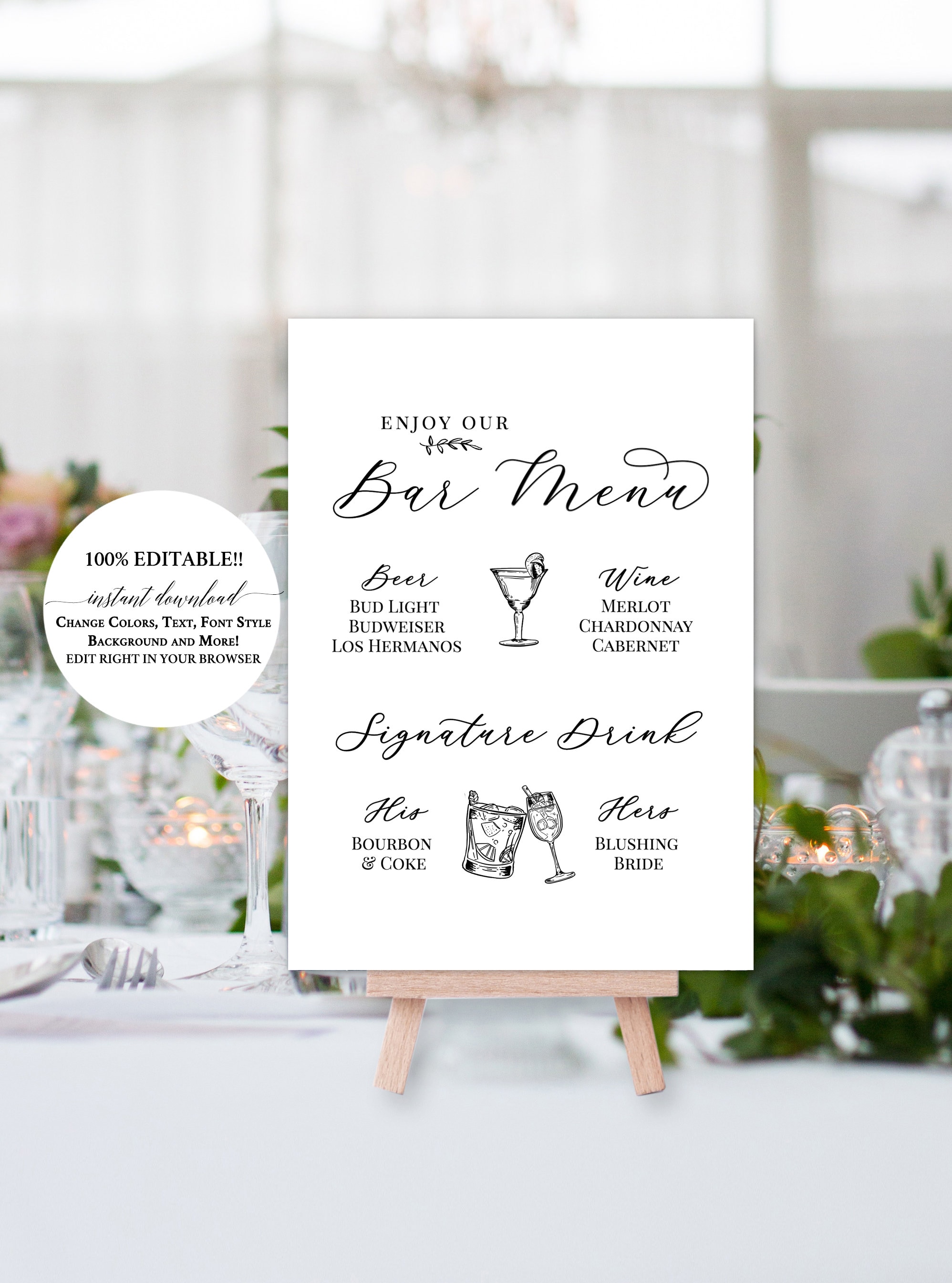 Bar Menu Wedding Template Signature Drinks Sign Printable - Etsy