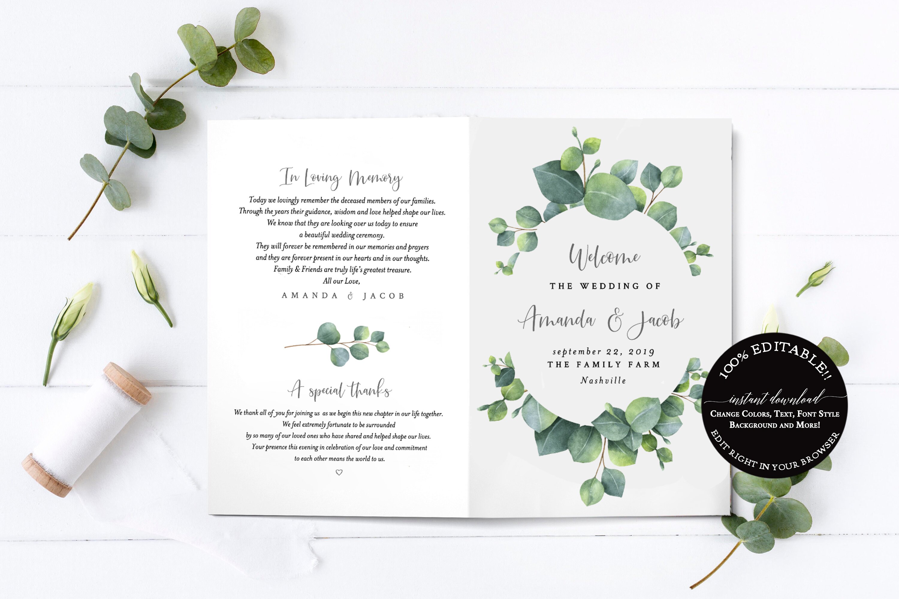 Wedding Program Template Greenery Greenery Wedding Program - Etsy