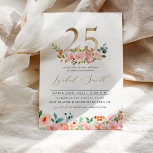 25th Birthday Invitation, Elegant 25th Birthday Invitation, Twenty Five ...