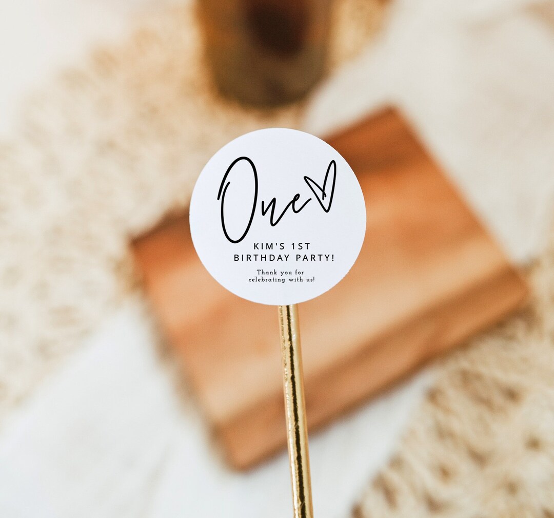 ELLIA | 1st Birthday Sticker Template, Modern First Birthday Favor Tag ...