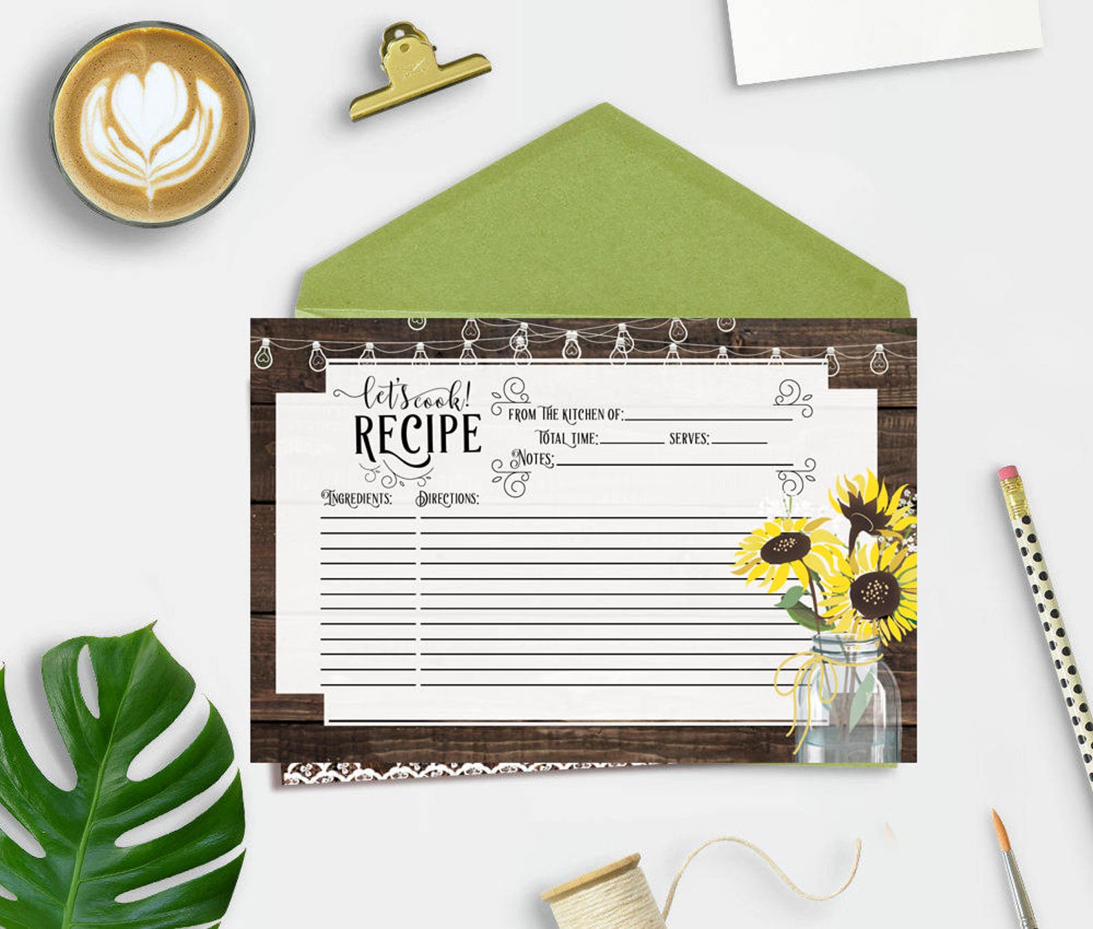 Sunflower Recipe Card Printable, Bridal Shower Recipe Card, Instant ...