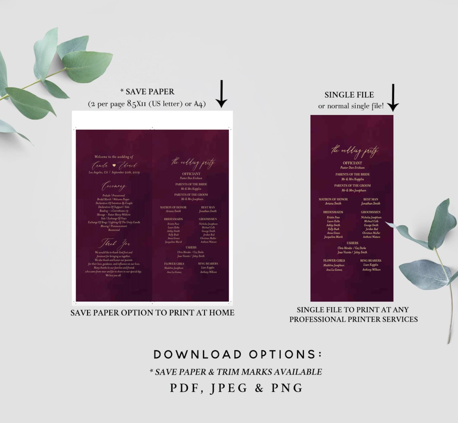 Burgundy Wedding Program Template INSTANT DOWNLOAD DIY | Etsy