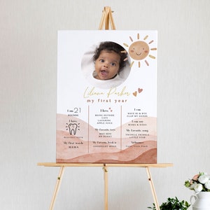 Sun First Birthday Milestones Sign Printable, Boho Sunshine Chalkboard ...
