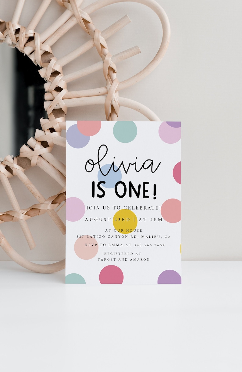Rainbow Birthday Invitation Girl Polka Dot Birthday - Etsy