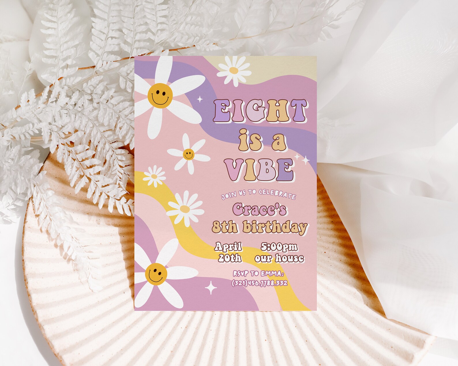 Editable Eight is A Vibe Groovy Birthday Party Invitation Peace Love ...