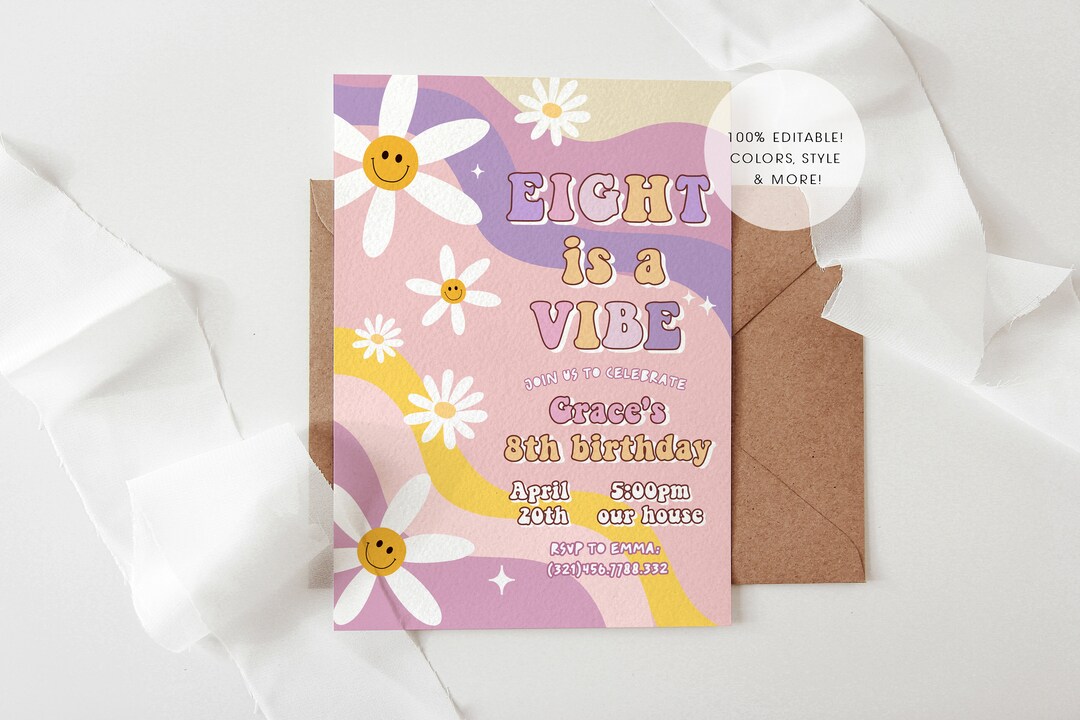 Editable Eight is A Vibe Groovy Birthday Party Invitation Peace Love ...