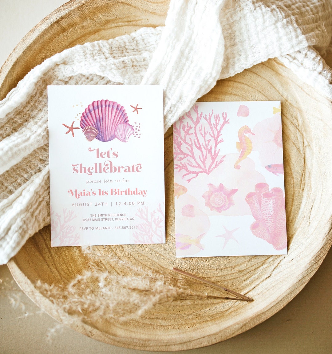 Shellebrate Birthday Invitation, Sea Shell Invitation, Pink Beach ...