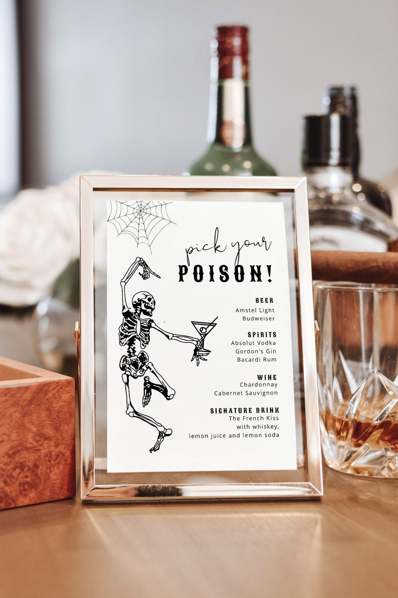 Pick Your Poison Sign, Halloween Bar Menu Template, Spooky Skeleton Bar ...