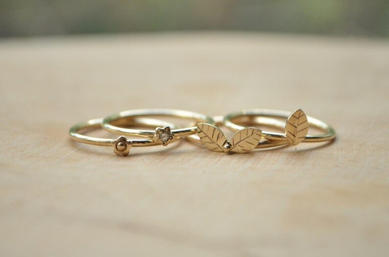 Gold 14k Stacking 4 Rings With Flowers and Leavesclear Zircon | Etsy
