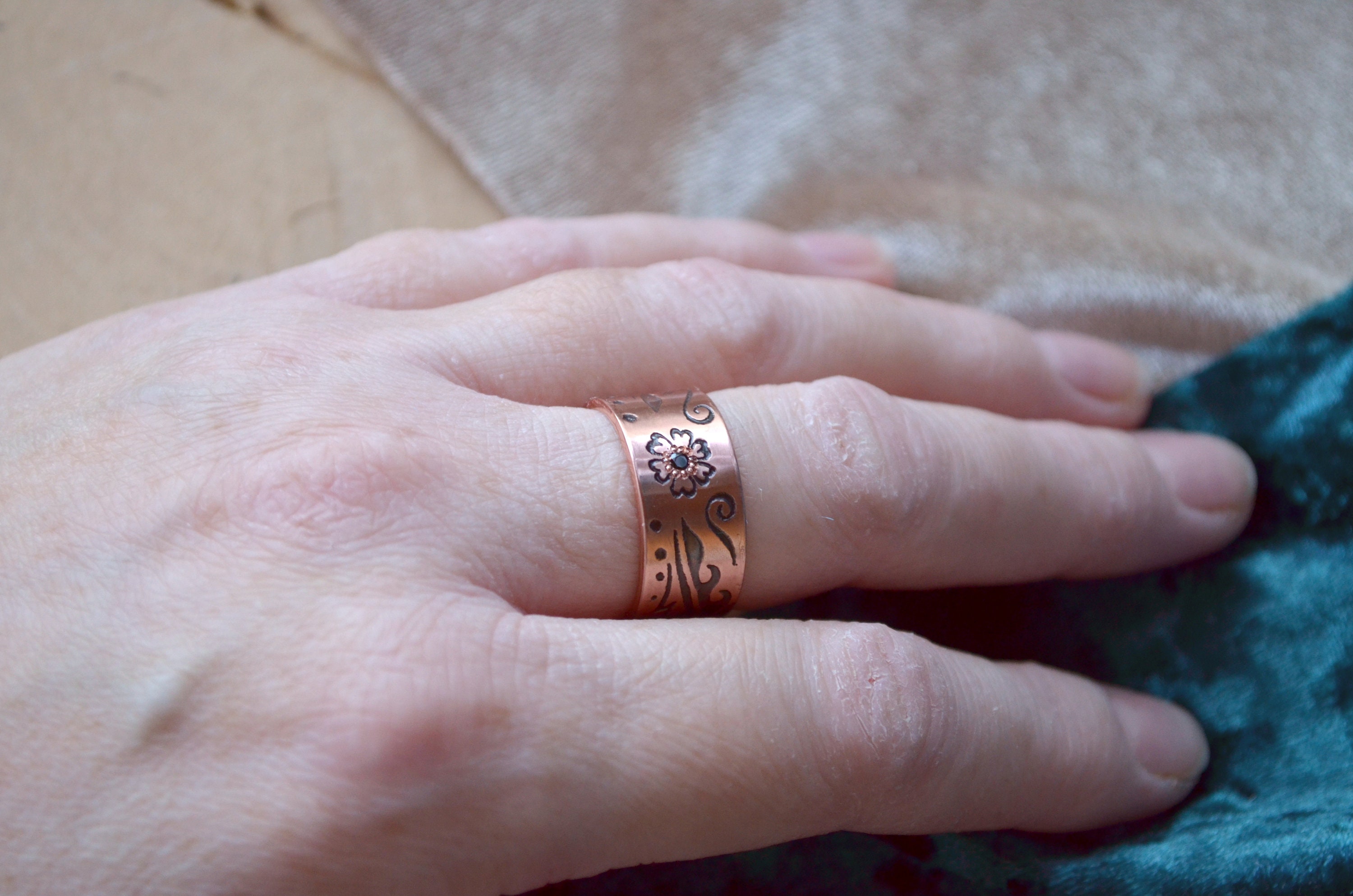 Copper ring with Black flower Cubic Zirconia stone band for | Etsy