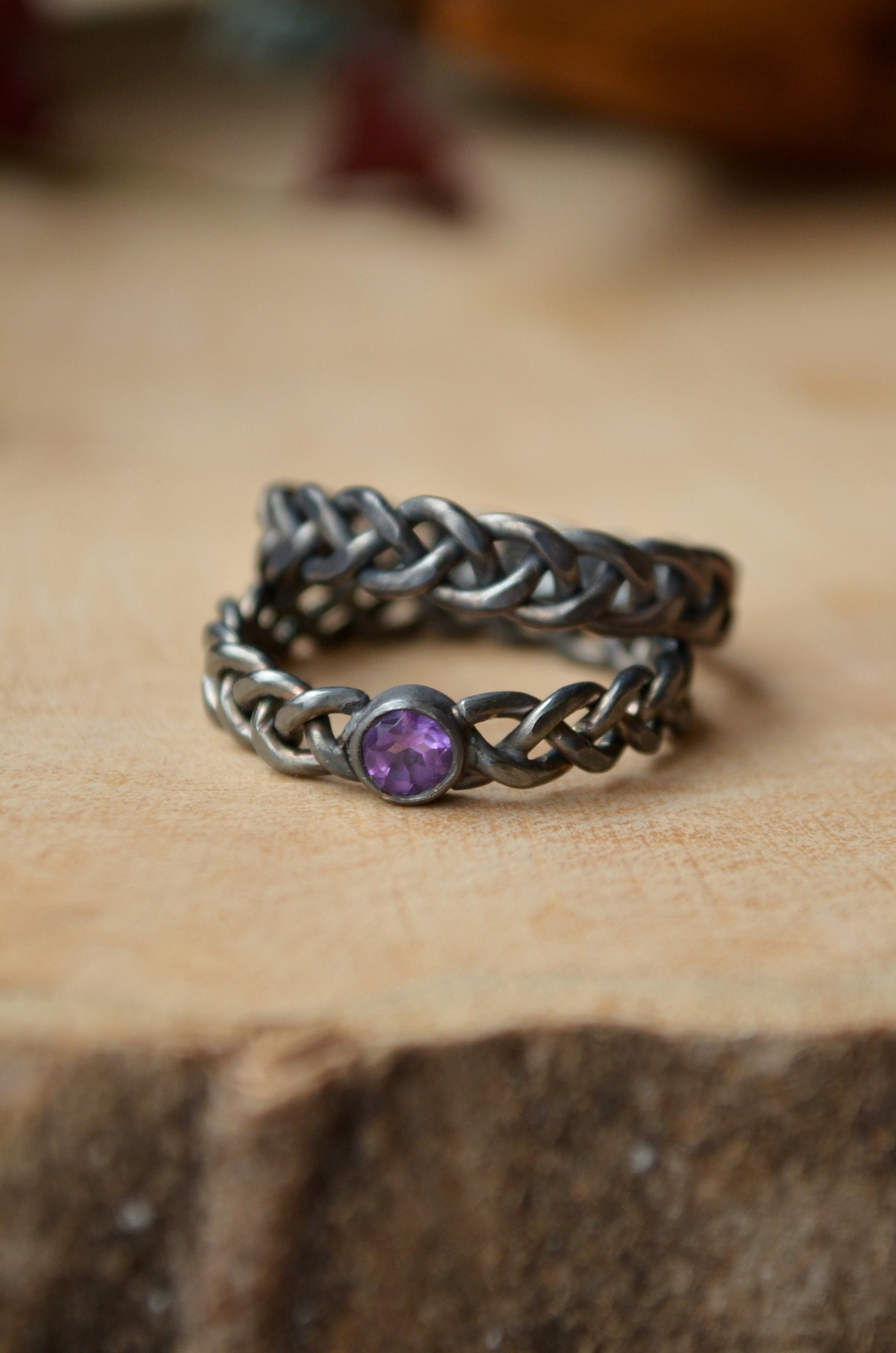 Scandinavian Braid 2pcs rings Amethyst 4mm Black silver ring | Etsy