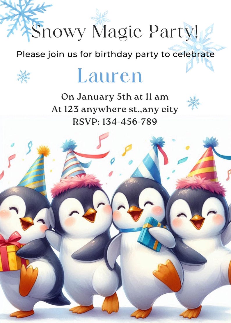 Digital Penguin Birthday Invitation | Instant Download | Editable Canva ...