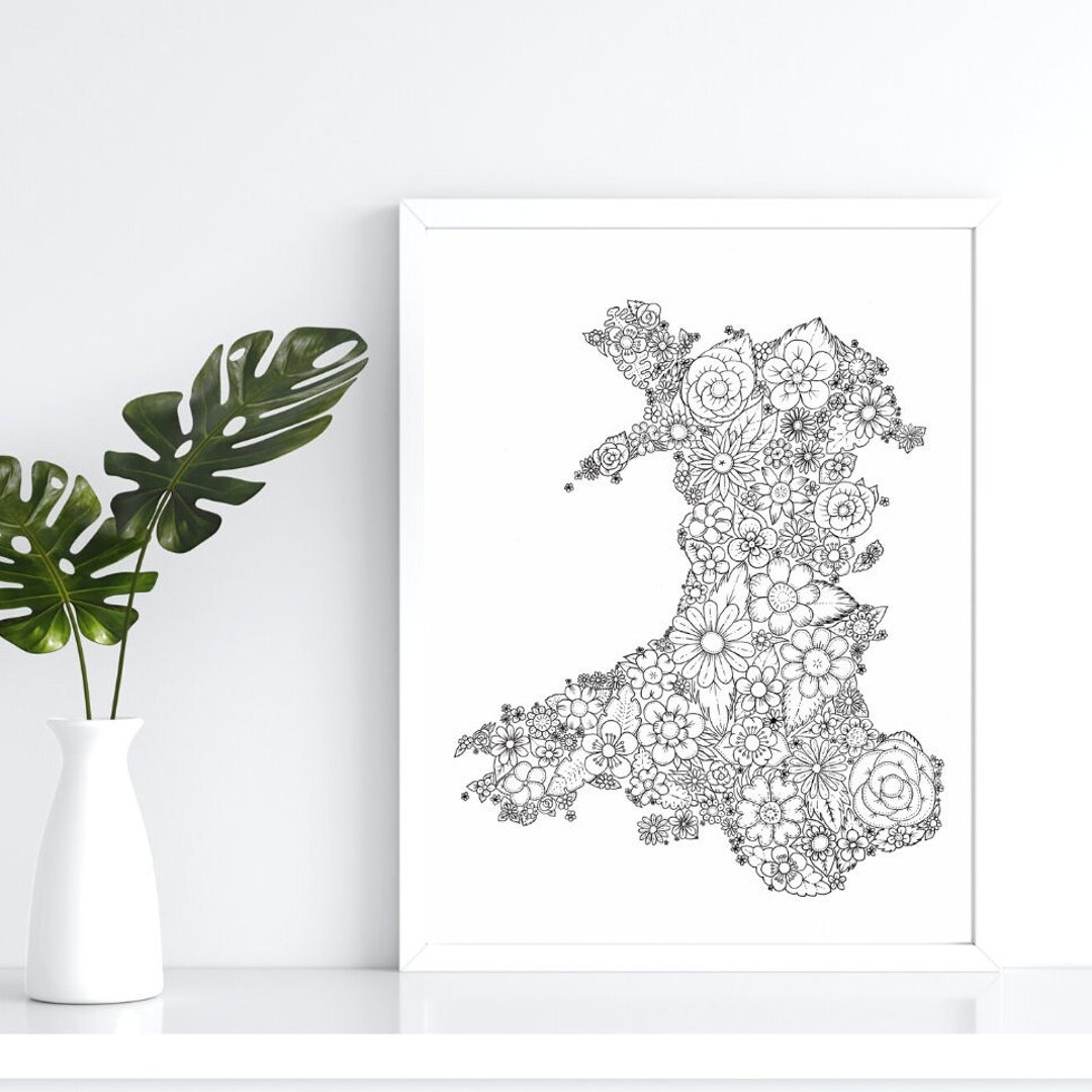 Floral Wales Mono Map Art Print, Unframed Black and White Wall Art Made ...