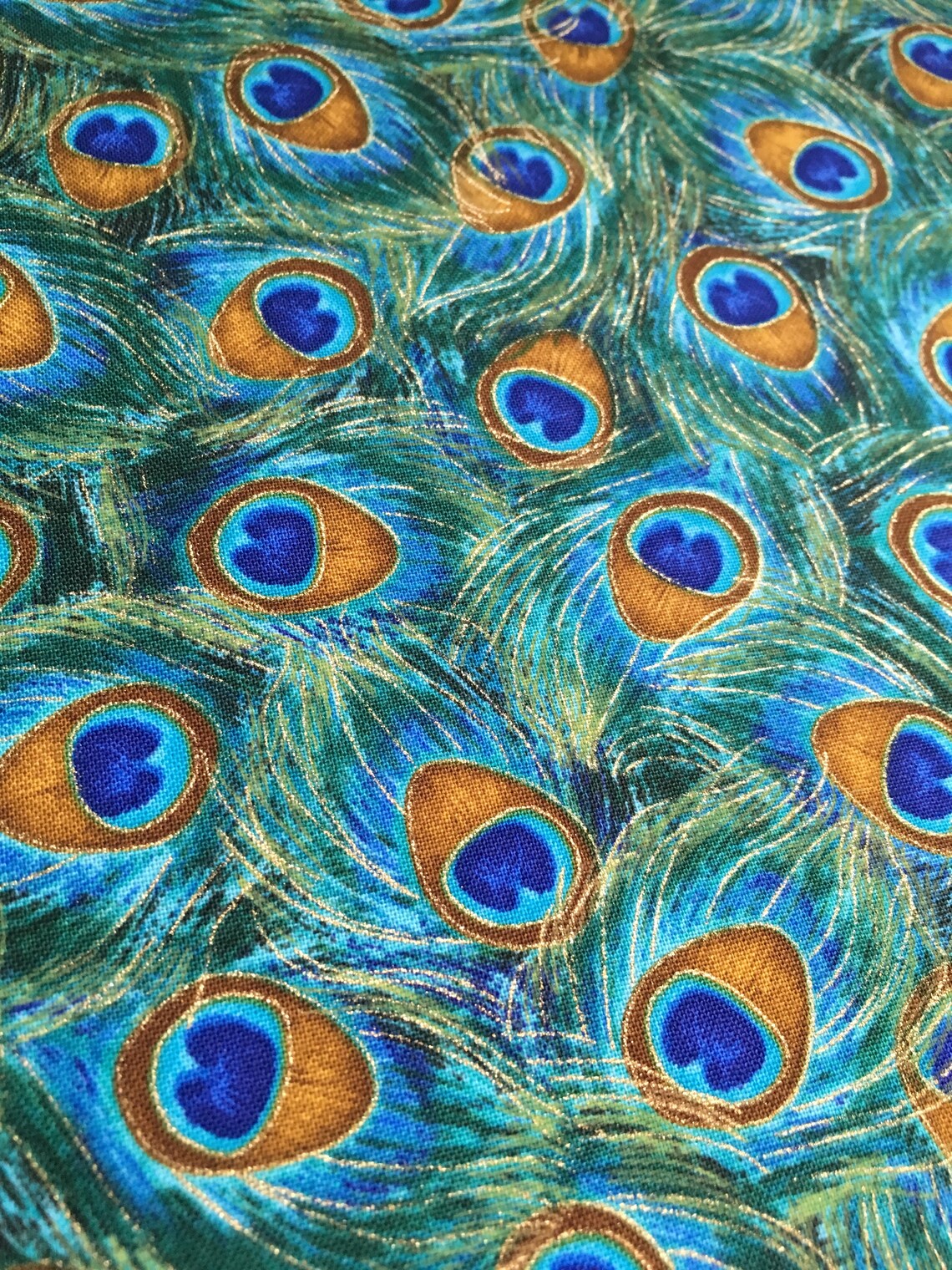 Beautiful teal Peacock fabric with gold metallic detailing | Etsy