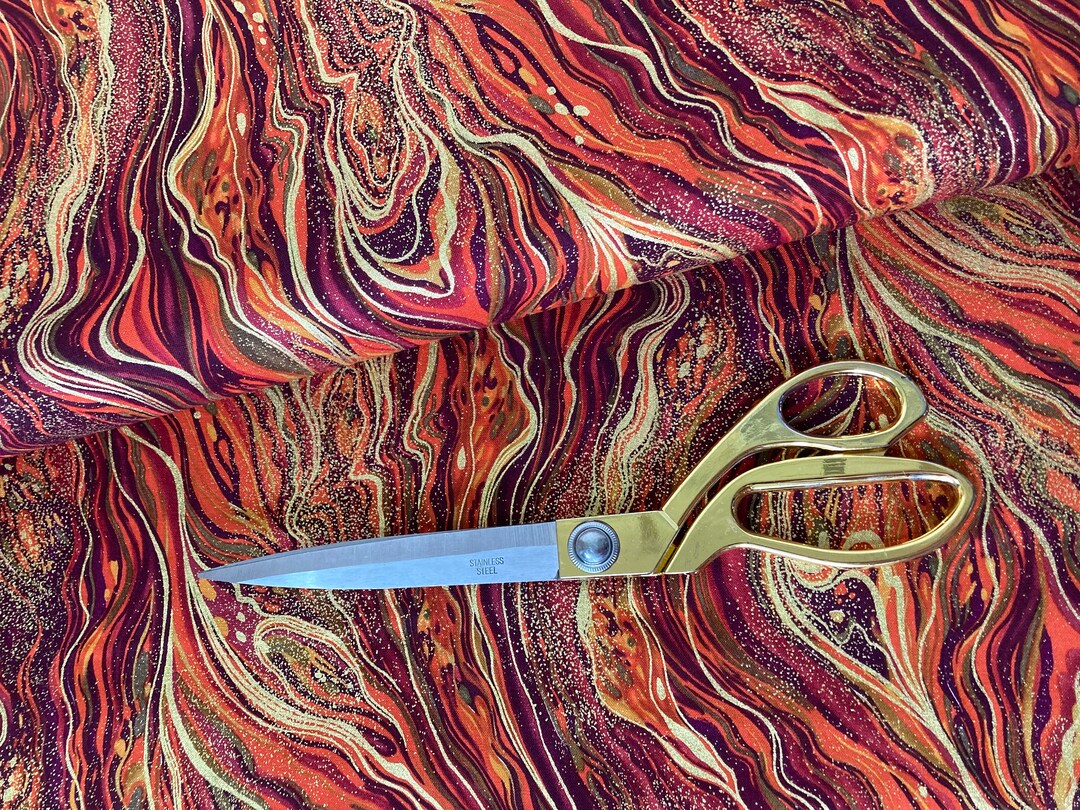 Marbled Rust and Gold Fabric, Marble Terracotta Orange, Metallic ...