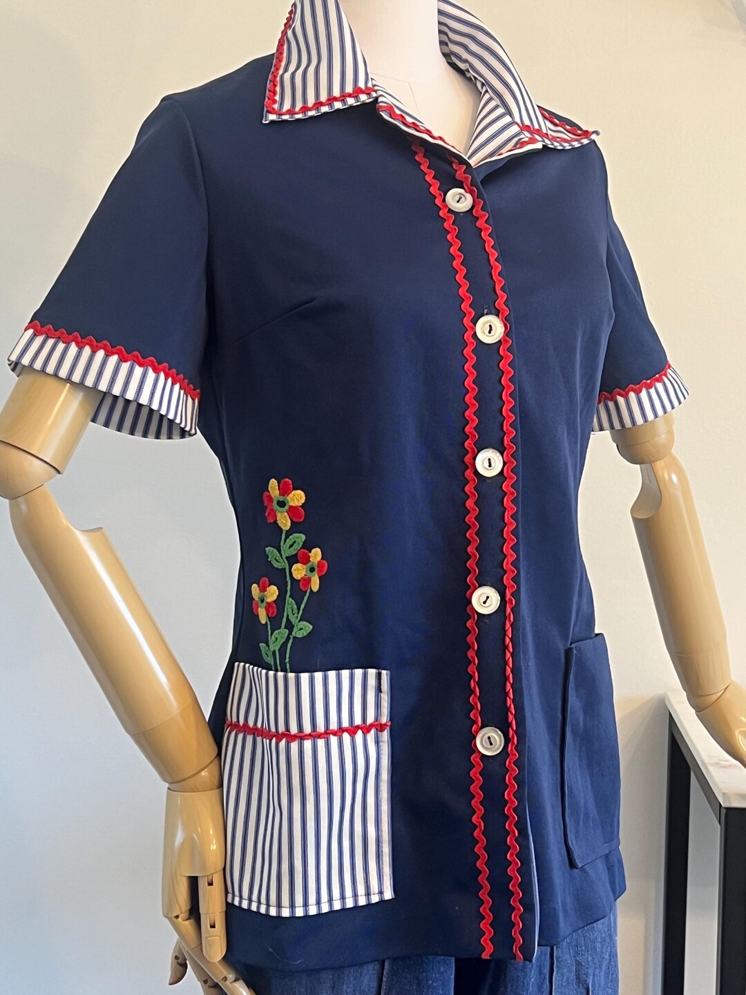 70s Embroidered Smock Ric Rac Detail Unique Vintage Snap Button Top - Etsy