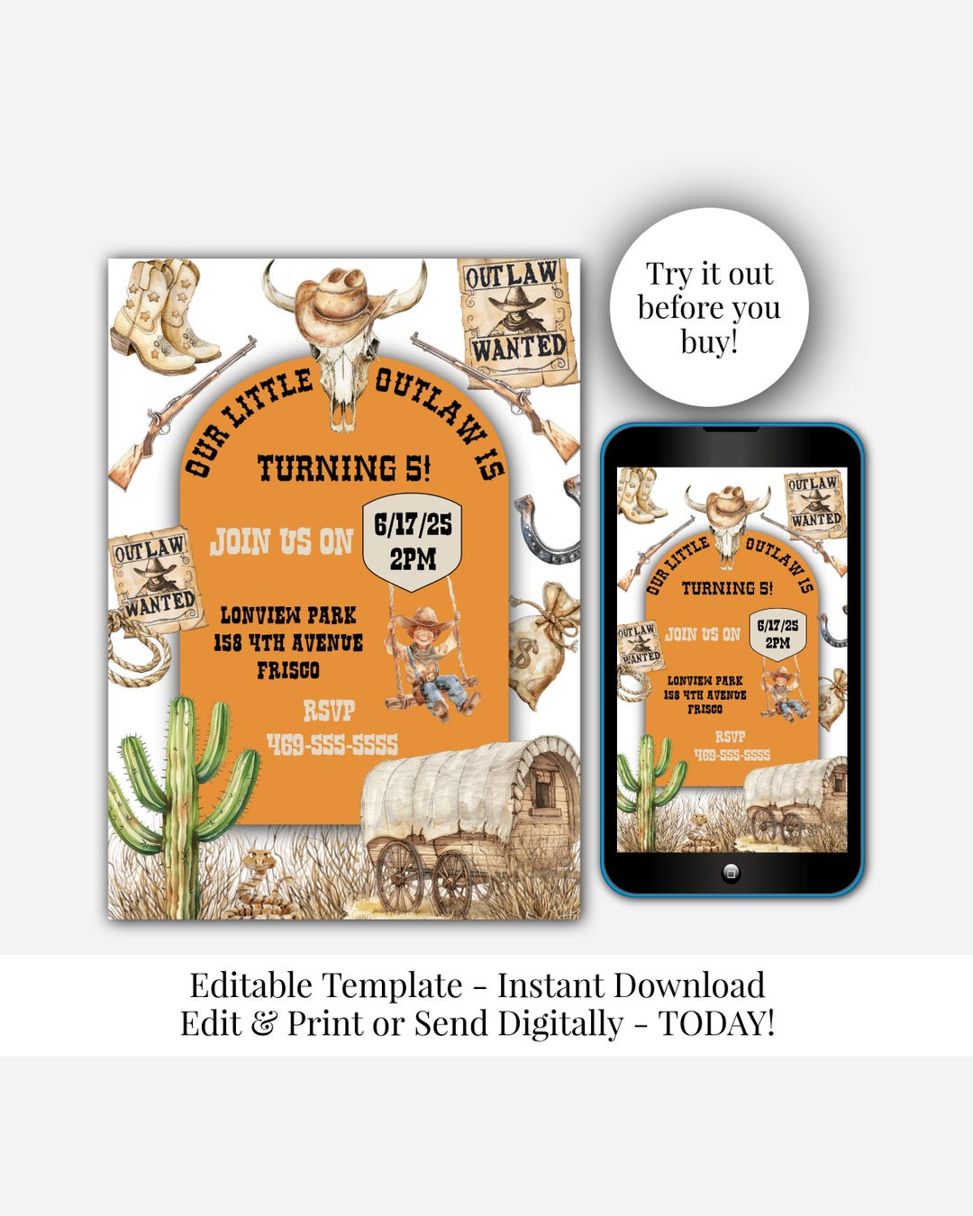 Western Cowboy Birthday Invitation Template Instant Download Digital ...
