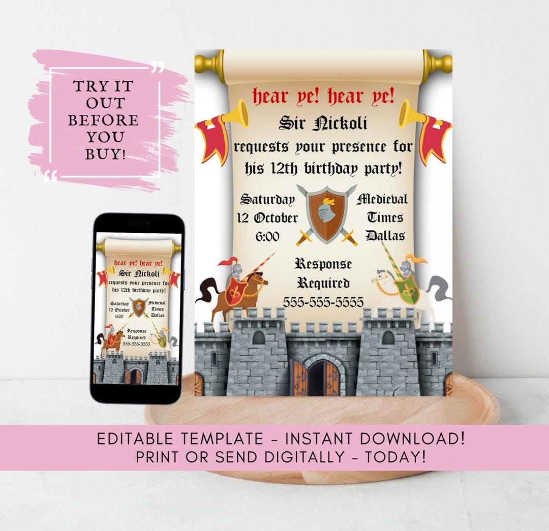 Medieval Birthday Party Invitation Template: Knights Event (digital ...