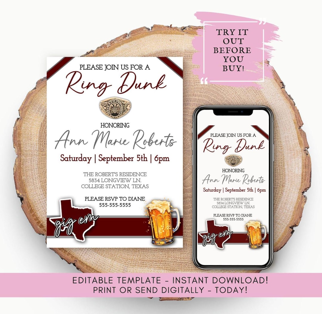 Aggie Ring Dunk Invitation - Editable Texas A&M Party Template ...