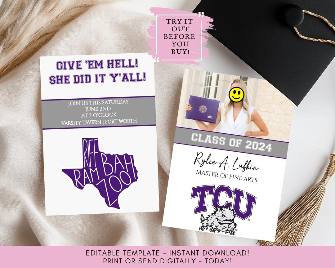 TCU Graduation Invitation Template | Editable Class of 2025 2026 Party ...