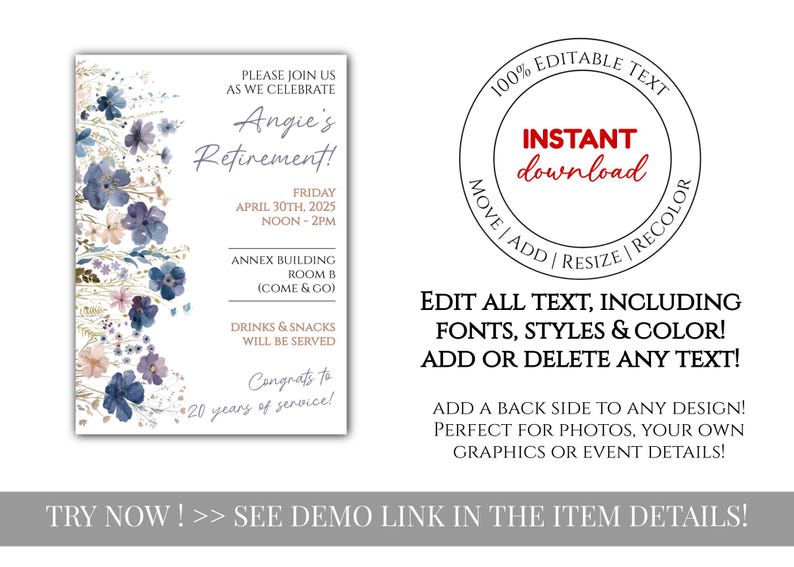 Floral Retirement Party Invitation Template: Editable Digital Download ...