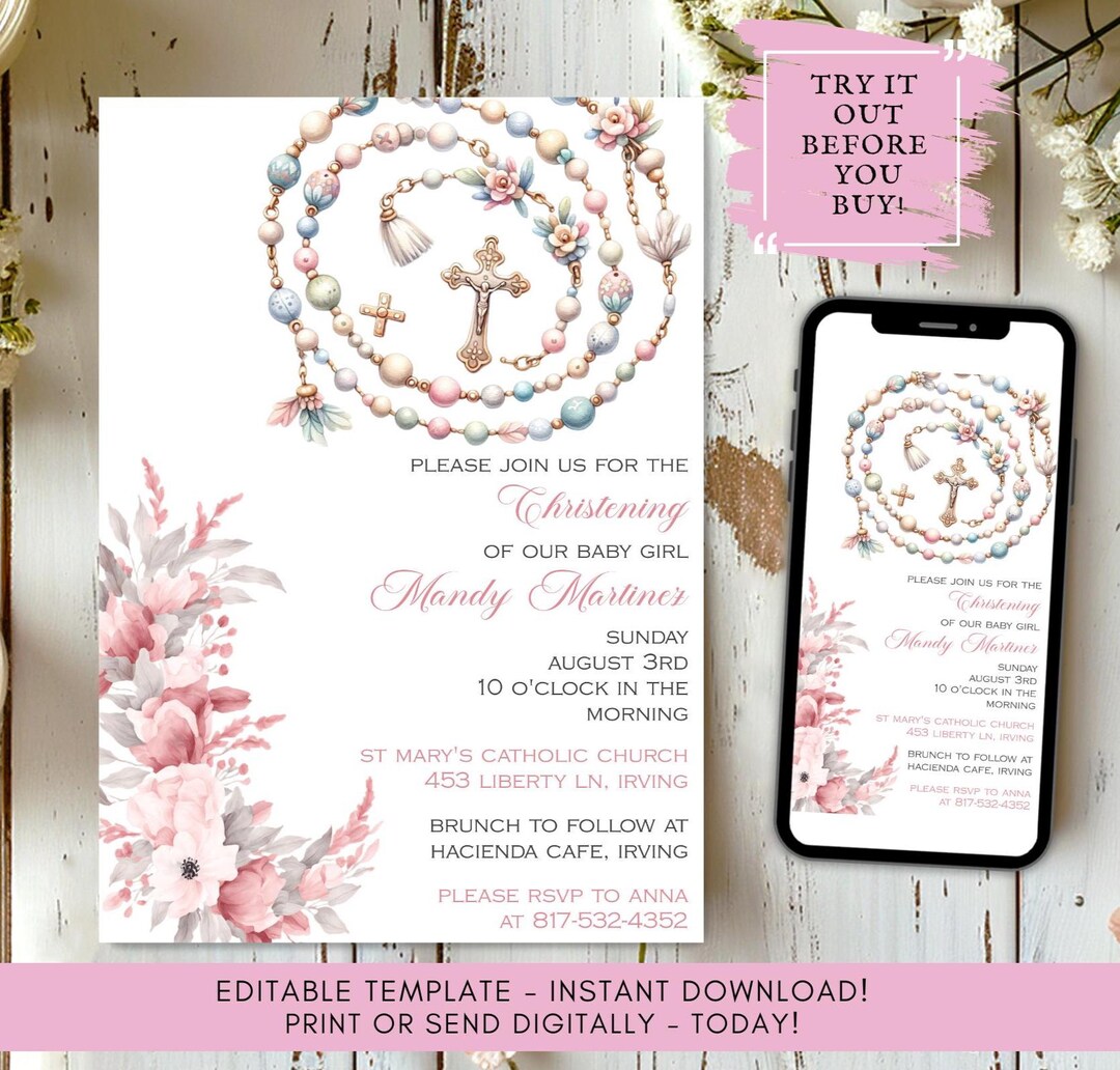 Elegant Pink Rosary Christening Invite | Floral Christening Invitation ...