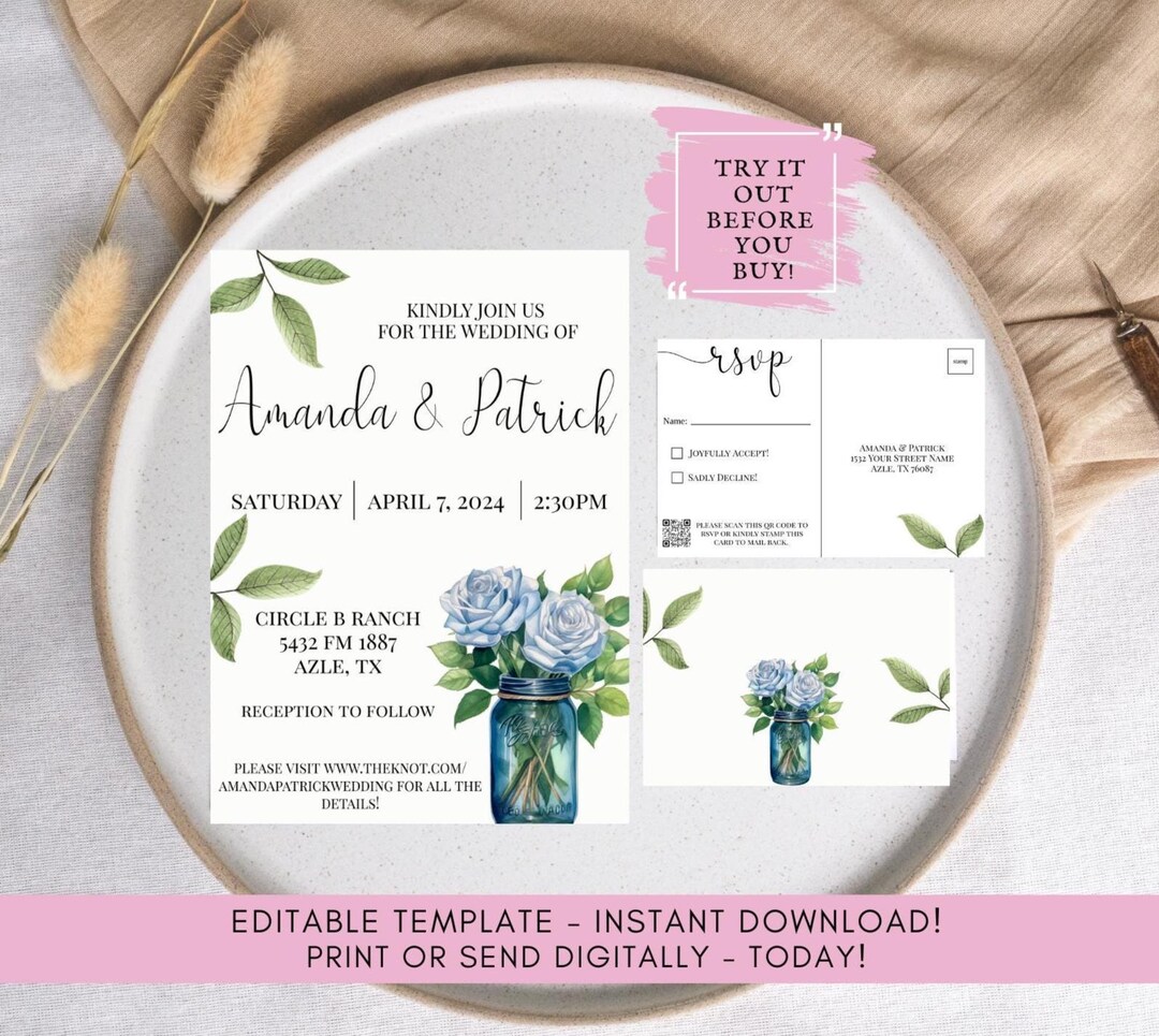 Floral Wedding Invitation RSVP Set Custom Invite Template Country ...