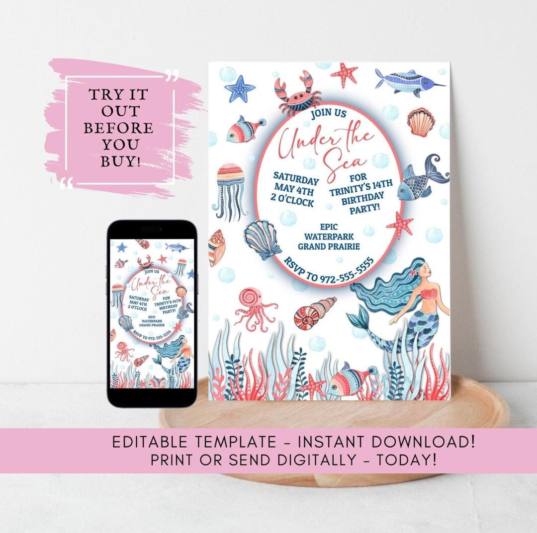 Under the Sea Birthday Party Invitation Template Custom Invite ...